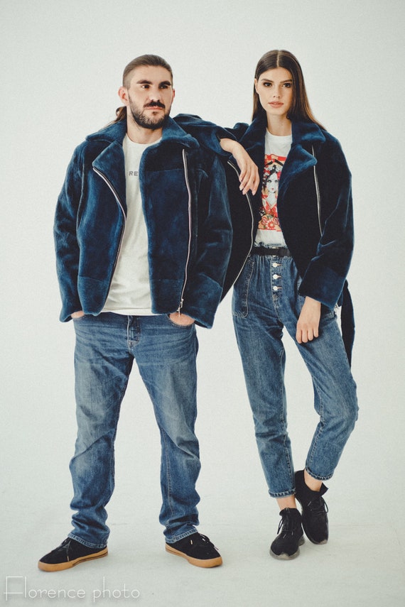 Men's Fur Bomber Jacket Blue Male Short Winter Coat | Etsy