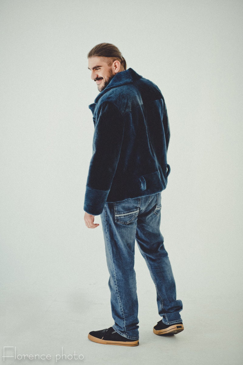 Men's Fur Bomber Jacket Blue Male Short Winter Coat | Etsy