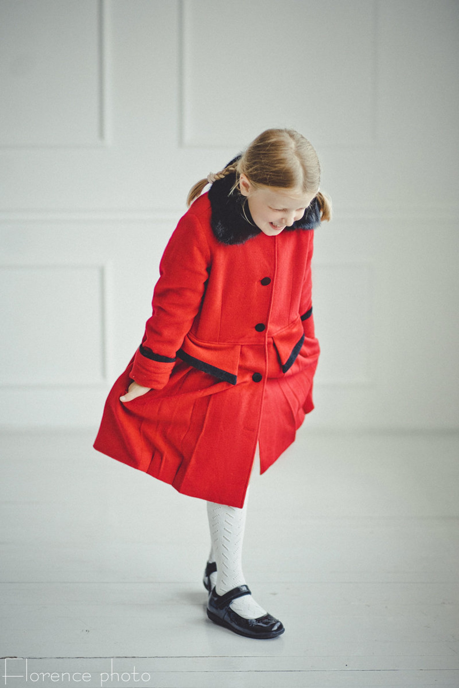 Red Girl's Wool Coat With Real Mink Fur Collar Baby Girl Coats Wool ...