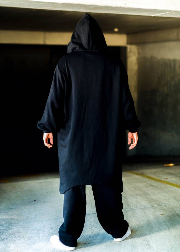 Black Long Big Hood Hoodie, Black Oversized Maxi Zip Hoodie Black Long Big Hood Hoodie, Black Oversized Maxi Zip Hoodie