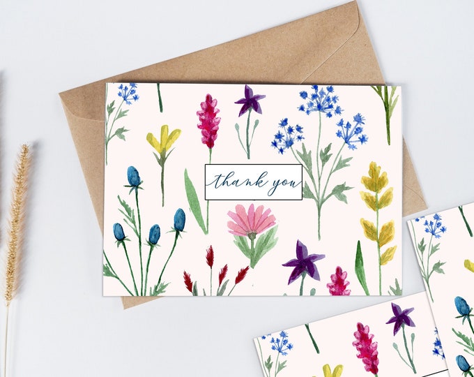 Pack of 10 Wild Flowers Floral Garden Flat or Folded Thank You / Note ...