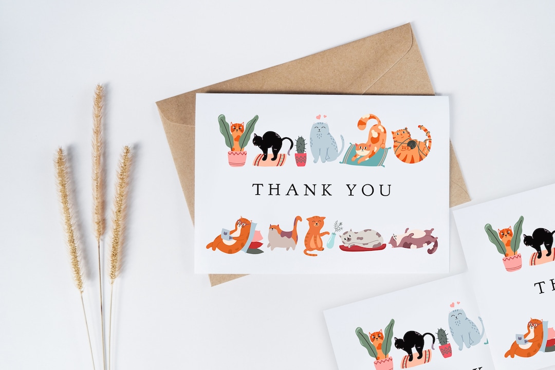 Pack of 10 Cat Themed Thank You / Note Cards With Envelopes - Etsy