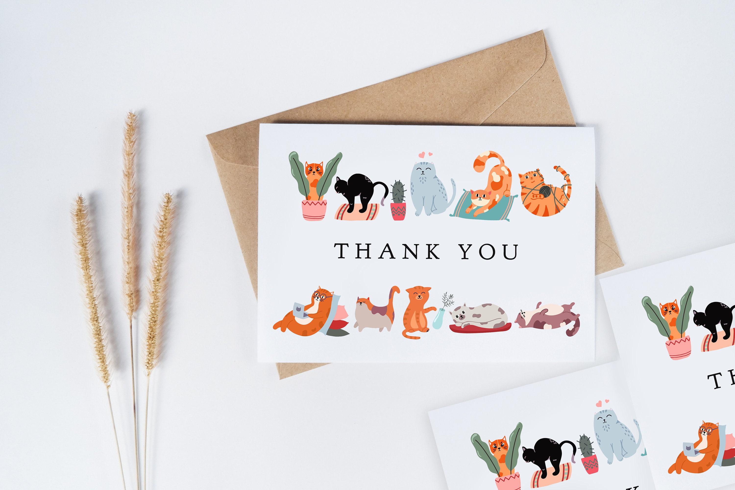 Pack of 10 Cat Themed Thank You / Note Cards With Envelopes | Etsy