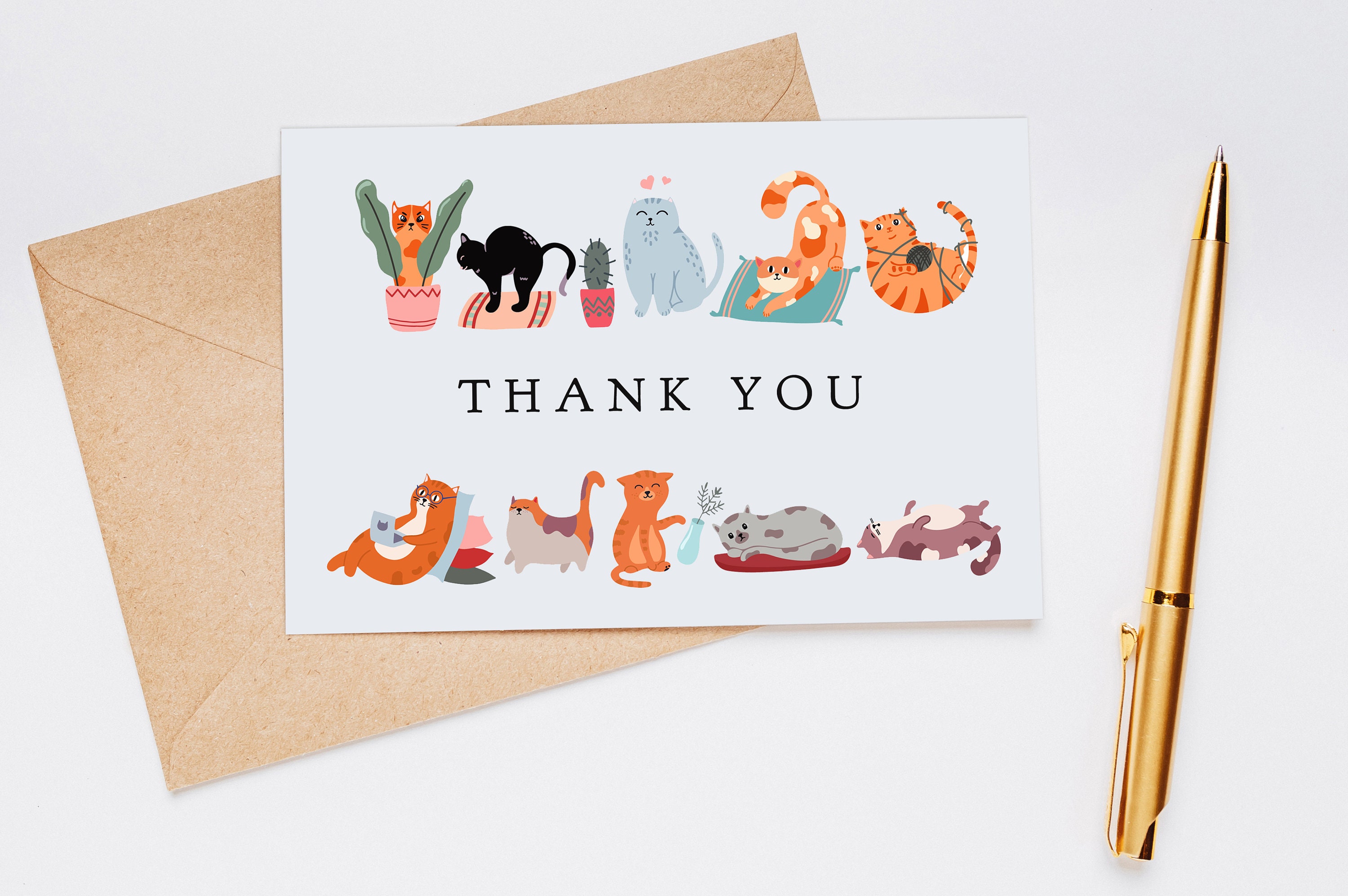 Pack of 10 Cat Themed Thank You / Note Cards With Envelopes - Etsy UK