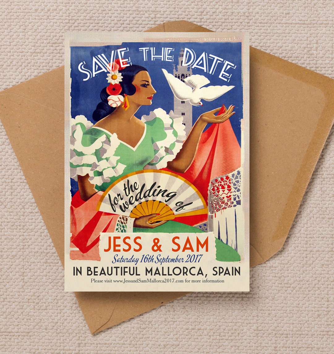 Spain Mediterranean Vintage Postcard Destination Wedding Save the Date ...