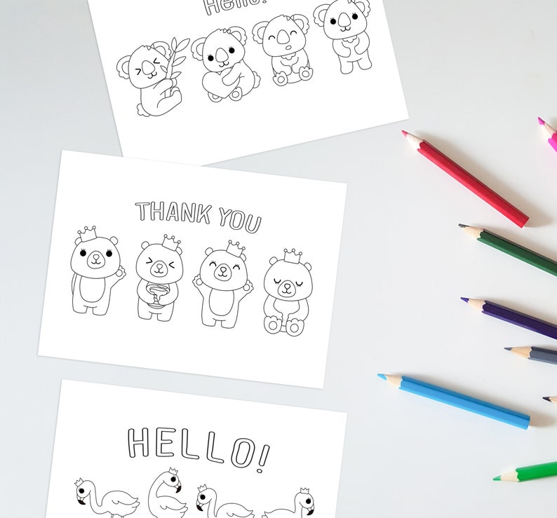 Kids Childrens Colouring Colour in Note Cards Thank You Cards, Animal ...