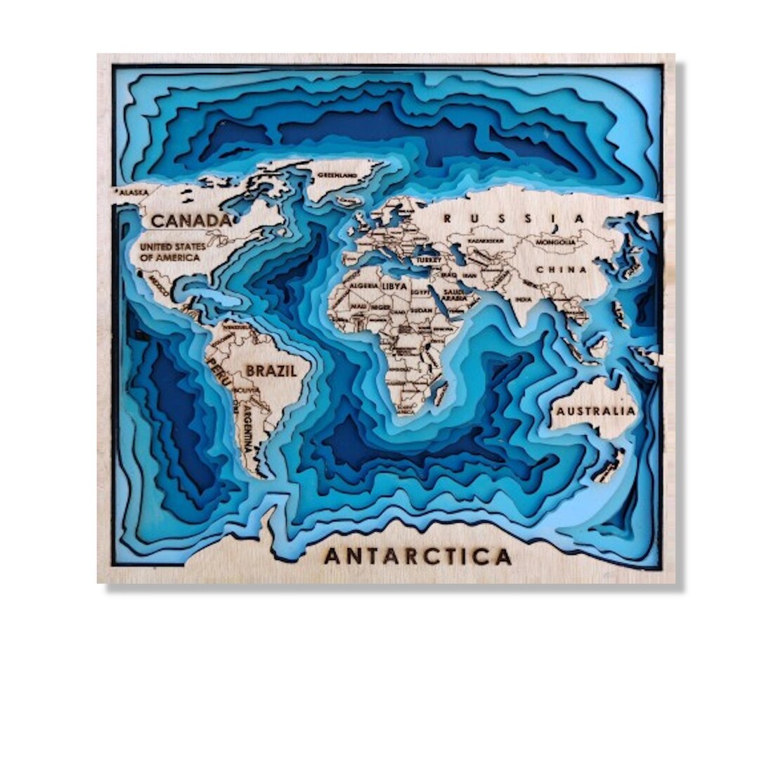 Square Digital 3D Map of the World, 7 Layer Panel, Laser Cut File, 3D ...