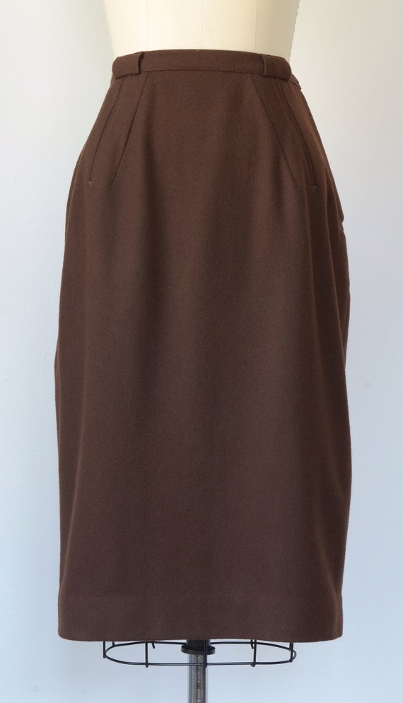 Vintage 1950s-60s || 'Cassia' || Brown Wool Skirt wit… - Gem