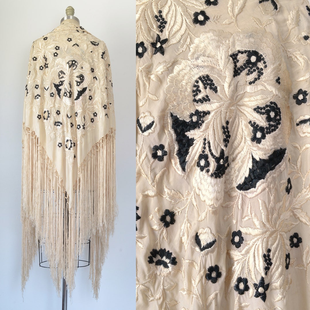 Antique 1920s-30s 'starlet' Cream-and-black Silk Piano Shawl With ...
