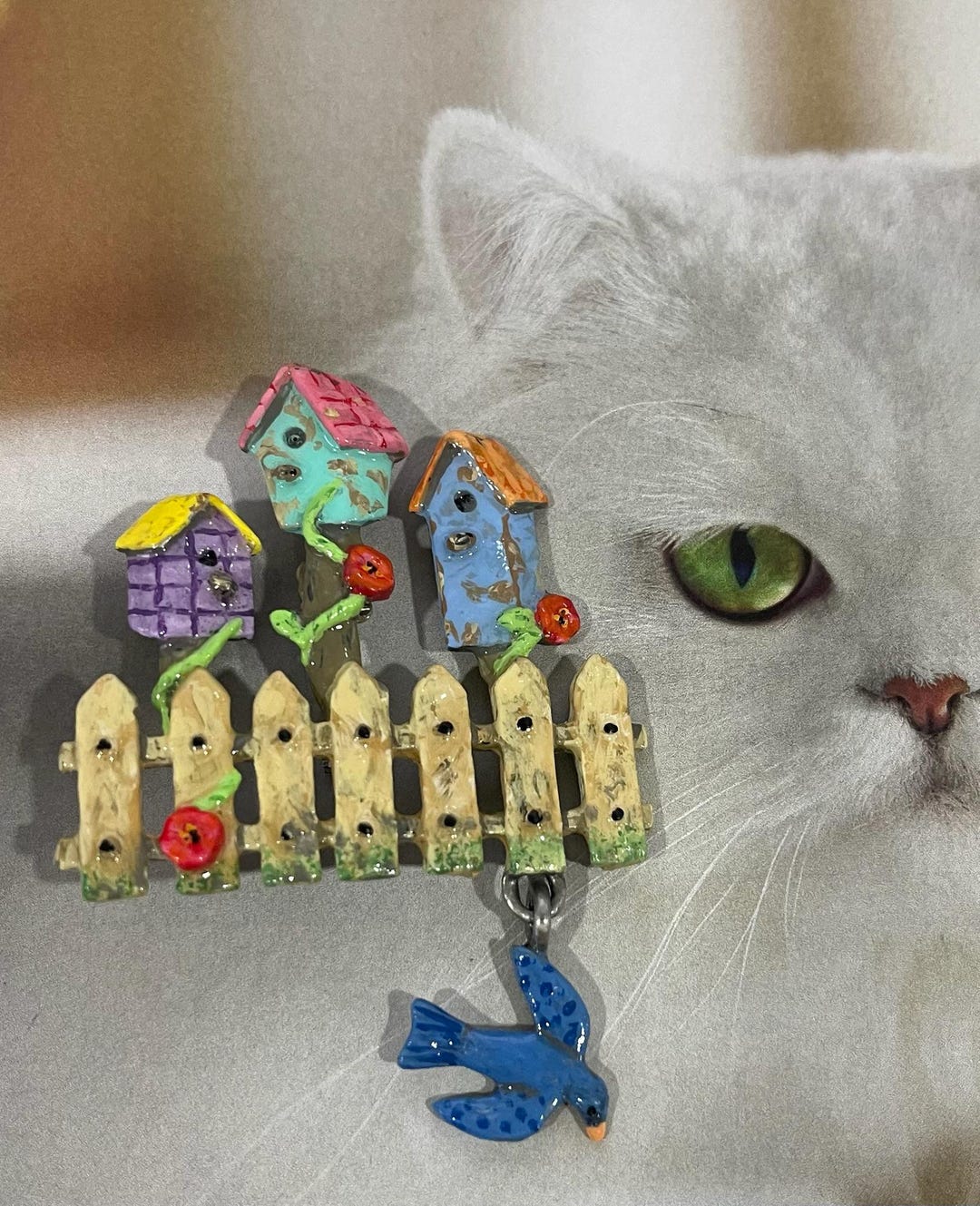 Old Birdhouse With Picket Fence and Blue Bird Brooch - New Personality ...