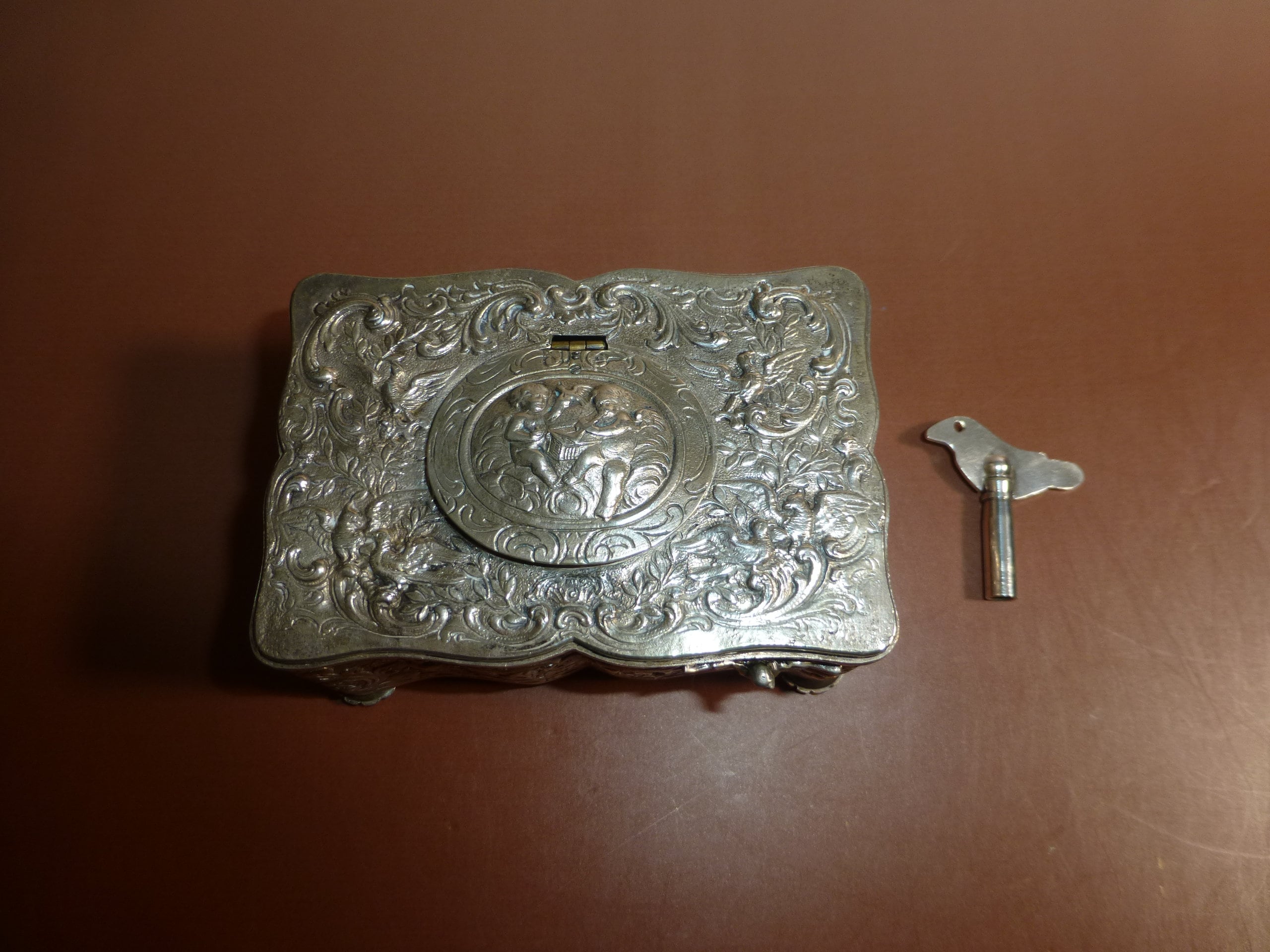 Antique Sterling Silver Swiss Singing Bird Box: Repoussé Floral Design ...