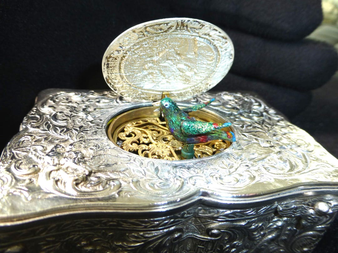 Antique Sterling Silver Swiss Singing Bird Box: Repoussé Floral Design ...