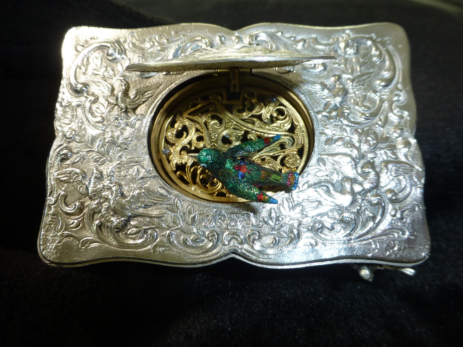 Antique Sterling Silver Swiss Singing Bird Box: Repoussé Floral Design ...