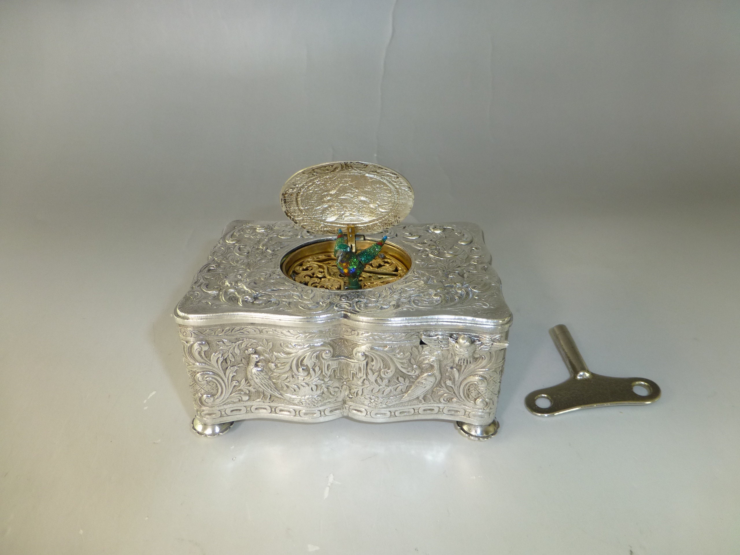 Antique Sterling Silver Swiss Singing Bird Box: Repoussé Floral Design ...