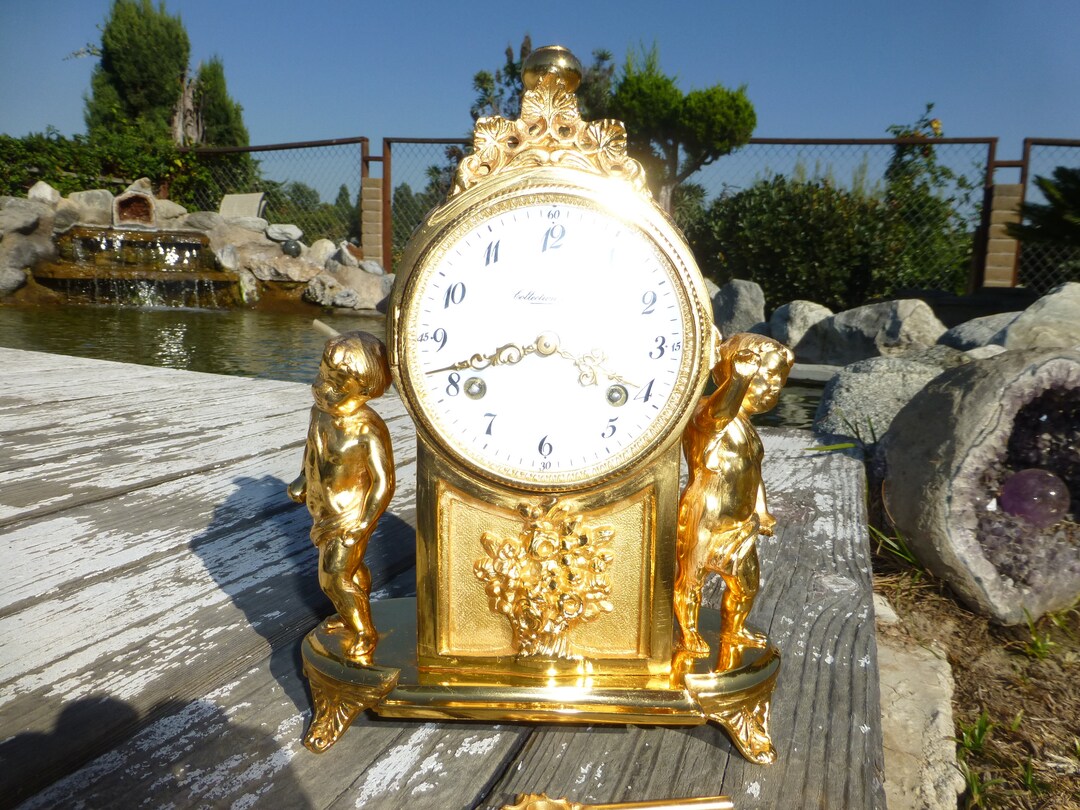 Vintage Gold Gilt Metal Chime Table Clock: Swiss Bucherer Movement ...