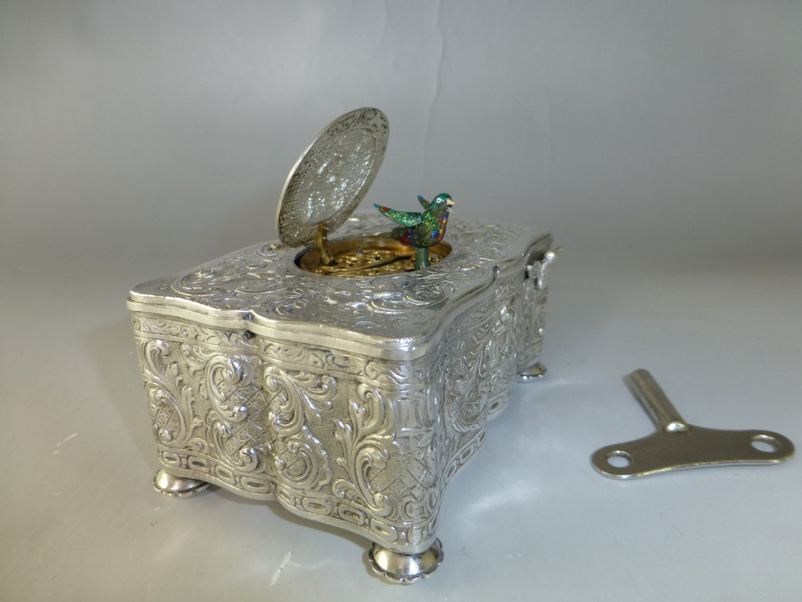 Antique Sterling Silver Swiss Singing Bird Box: Repoussé Floral Design ...