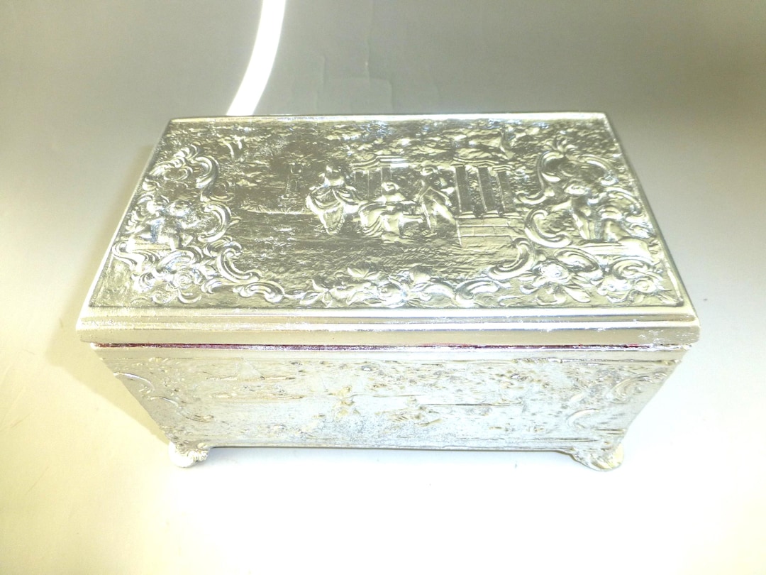 Vintage Swiss Music Box: Silver Tone Jewelry Storage, Plays 2 Songs ...