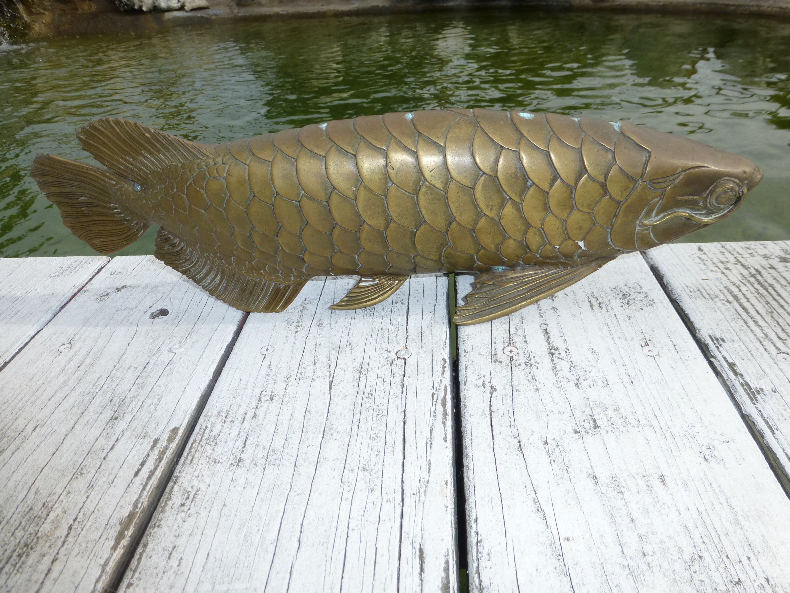 Antique Bronze Lucky Wealth Fengshui Fish Arowana Fish Statue 18 ...