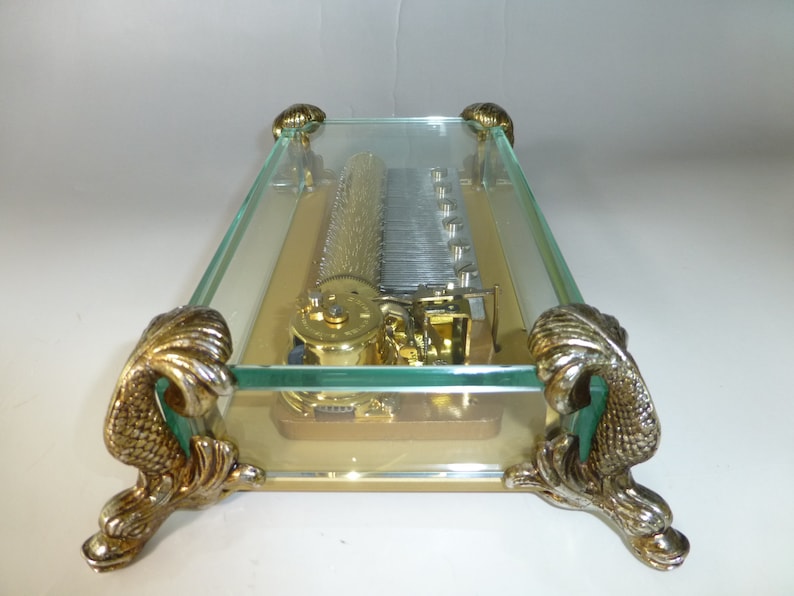 EXC Vintage Reuge Music Box CH 3 / 72. Crystal Clear Glass Large Bronze ...