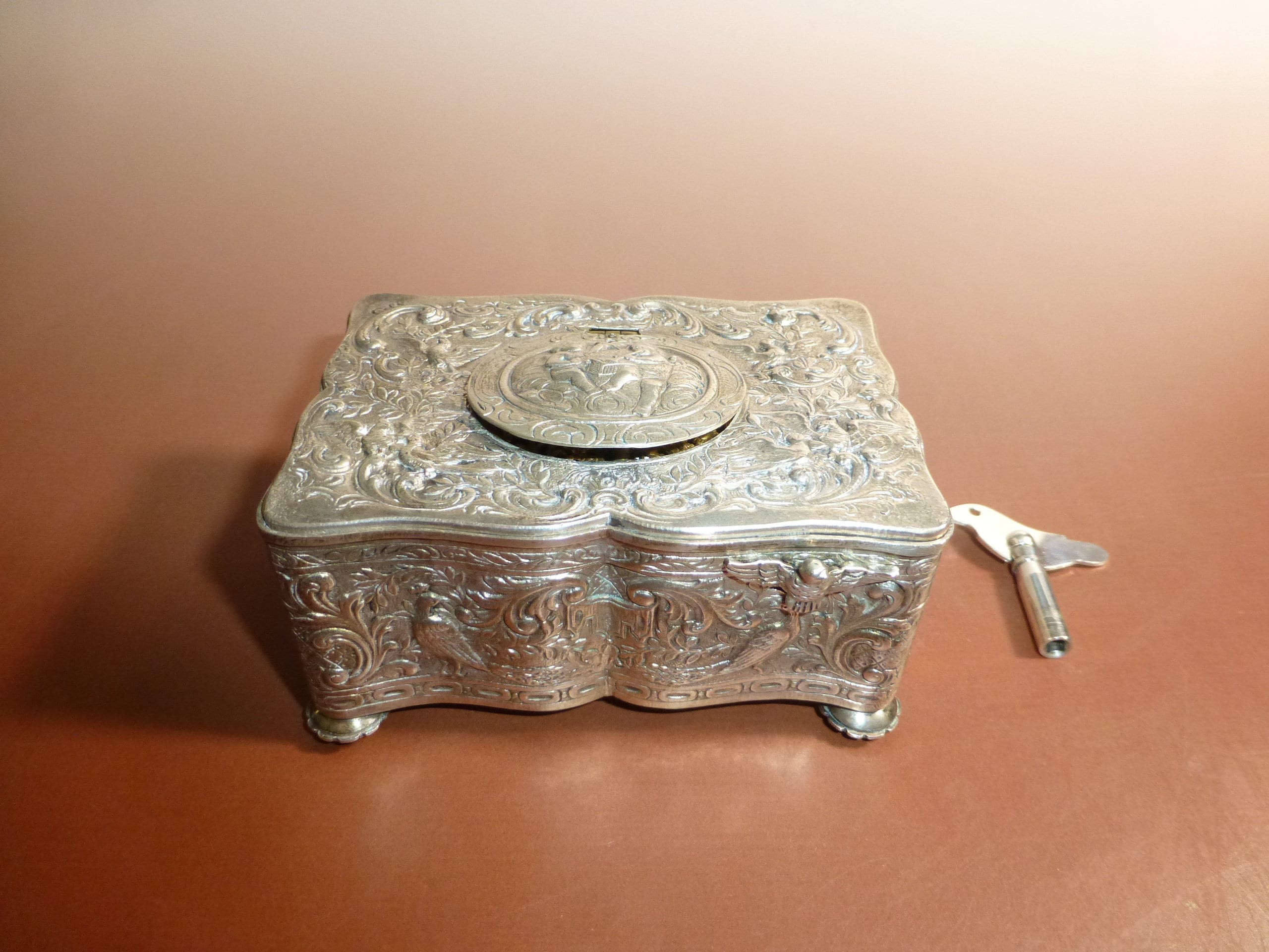 Antique Sterling Silver Swiss Singing Bird Box: Repoussé Floral Design ...