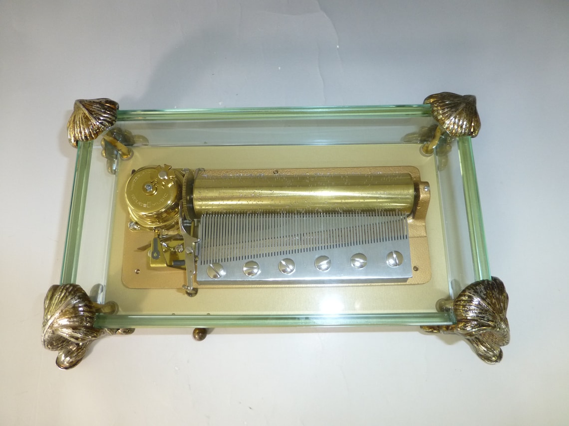 EXC Vintage Reuge Music Box CH 3 / 72. Crystal Clear Glass Large Bronze ...