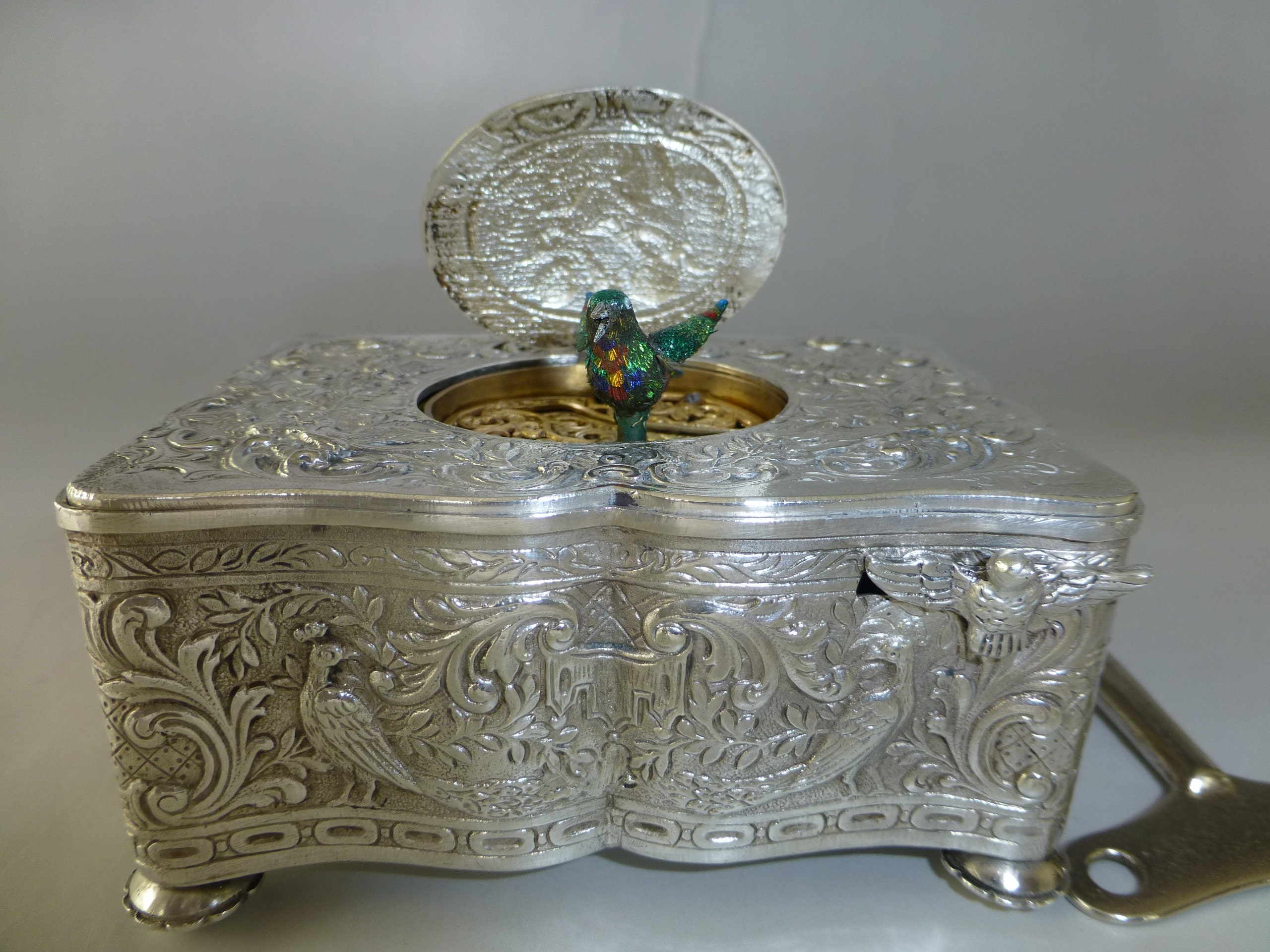 Antique Sterling Silver Swiss Singing Bird Box: Repoussé Floral Design ...