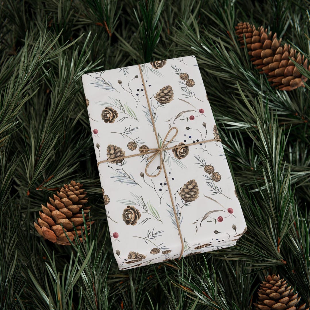 Rustic Christmas Wrapping Paper, Pine Cone and Wintergreen Roll of Wrap ...