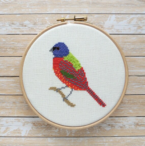 Small cross stitch bird pattern painted bunting American | Etsy