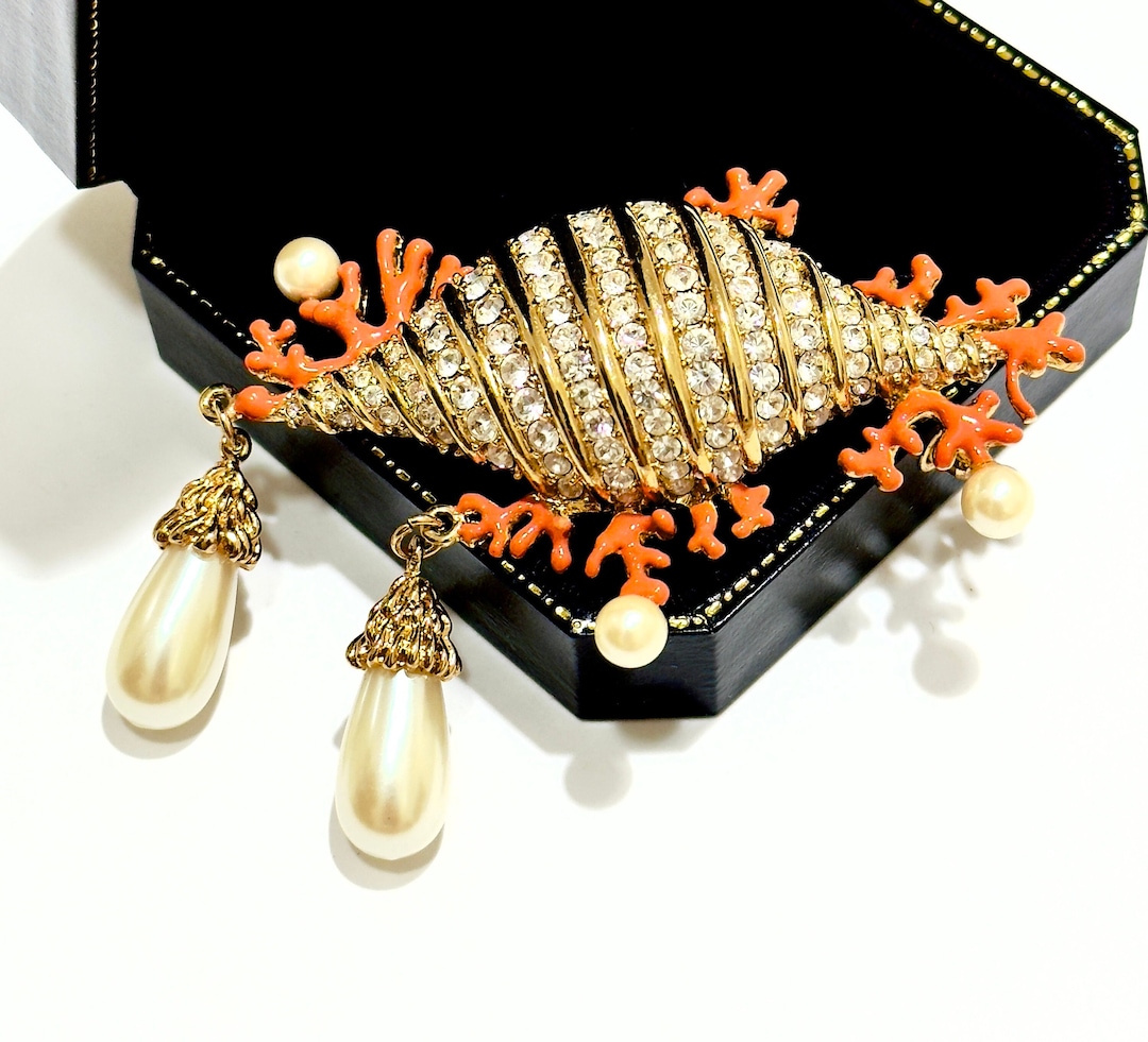 Seashell Brooch Pearl Dangle Pin, Orange Enamel Coral Reef Branches ...