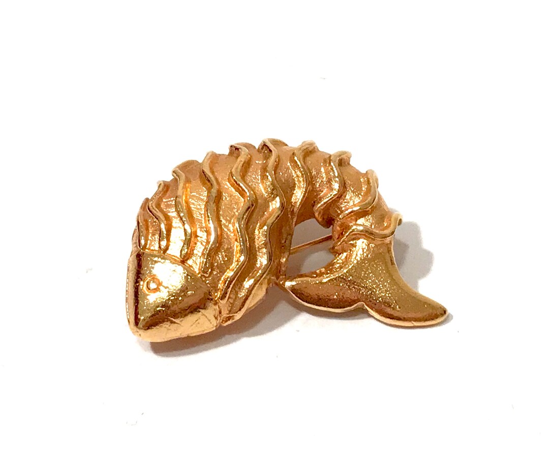 Celine Paris Gold Plated Fish Brooch, Curled Brushed Raised Texture ...