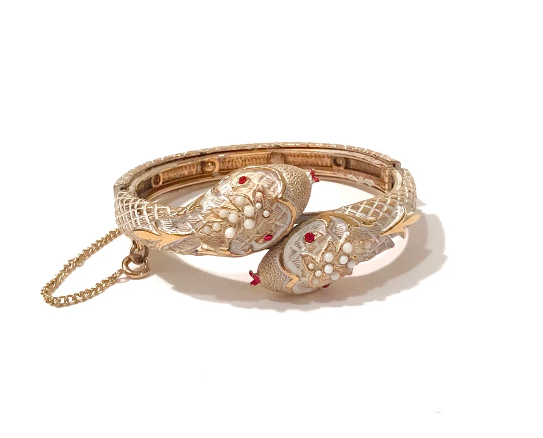 Signed ART Snake Bracelet Ivory Enamel Double Snake Bangle Bracelet ...