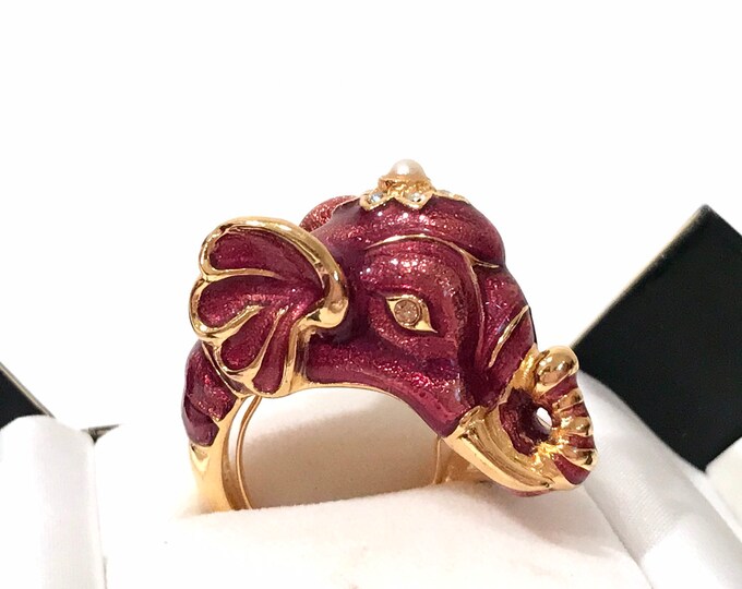 Kenneth Lane Elephant Ring, Rose Enamel Gold Plated Metal, Figural ...