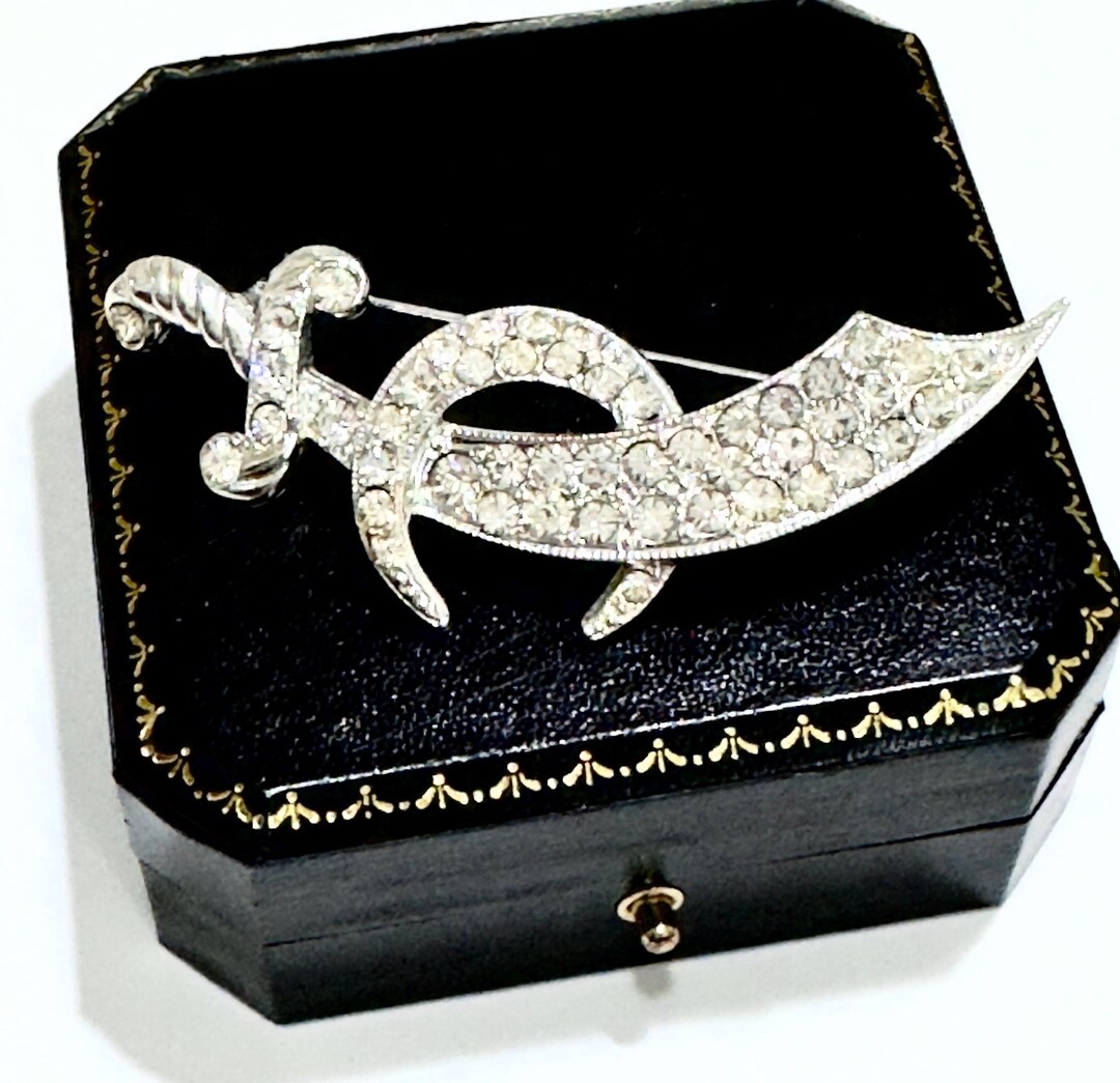 Rhinestone Scimitar Masonic Brooch, Half Moon Crescent Sword Pin Clear ...