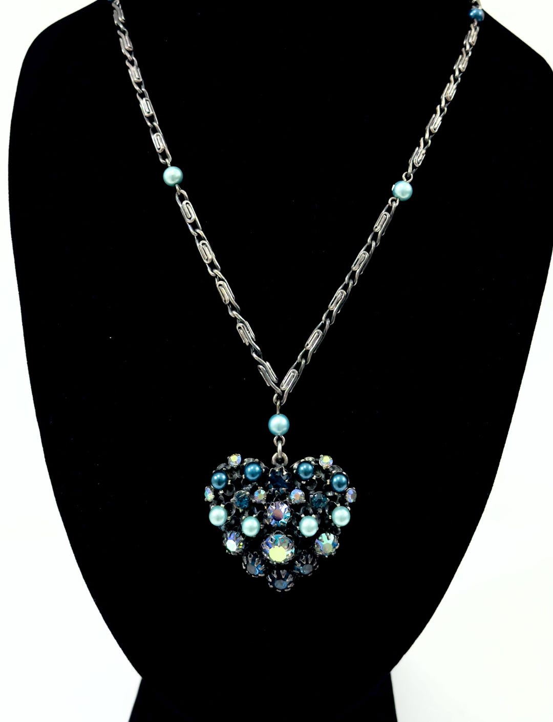 Elsa Schiaparelli Rhinestone Pendant Necklace, Blue Faux Pearl Heart ...