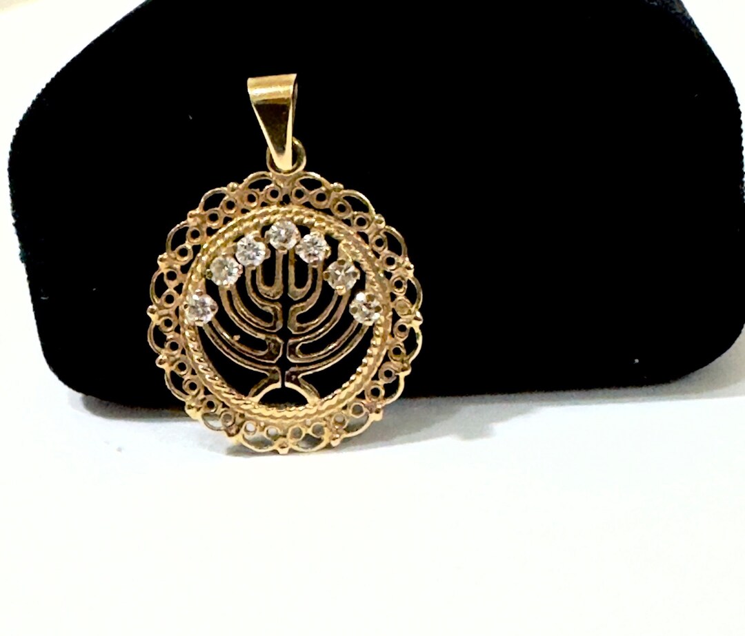 14k Gold Diamond Menorah Pendant, Judaica Religious Jewish Jewelry ...