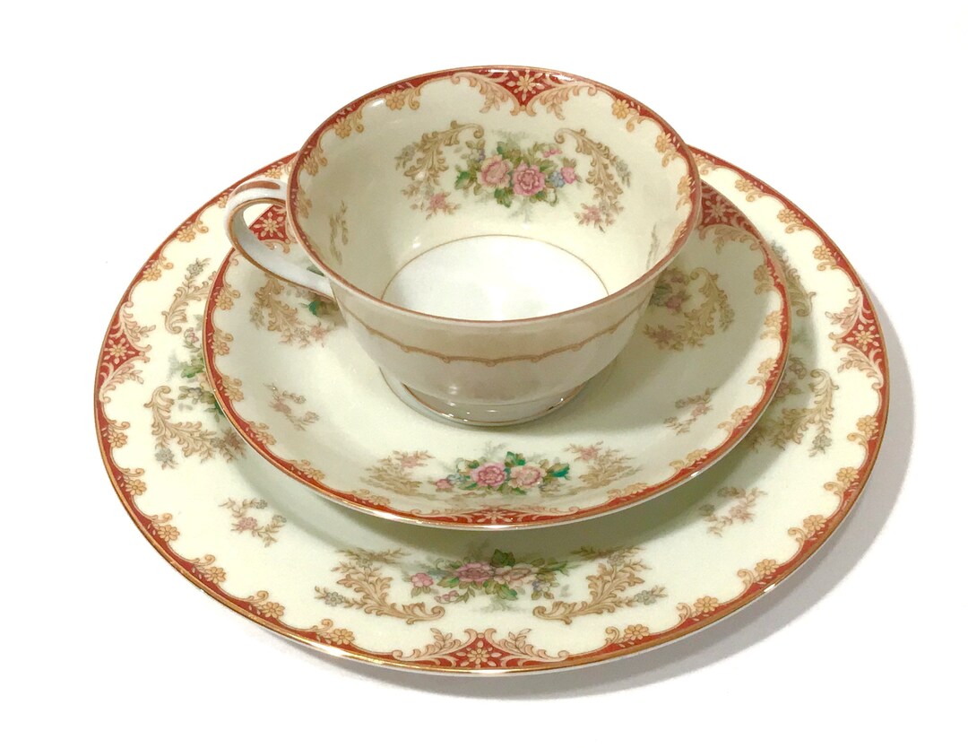 Noritake Cardinal Tea Cup Trio, Pink Yellow and Blue Floral Red Border ...
