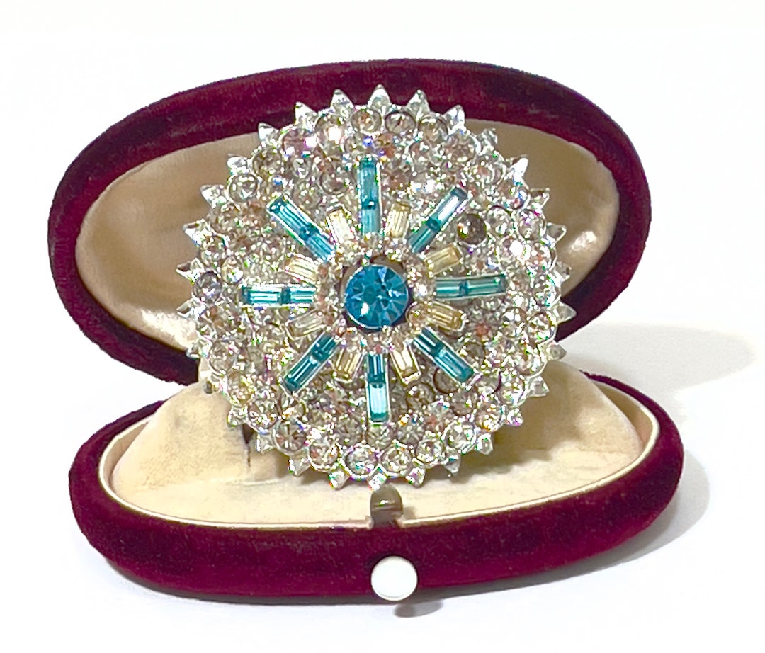 Vintage Brooch Coro Craft Turquoise Rhinestone Pin Baguettes & Clear ...