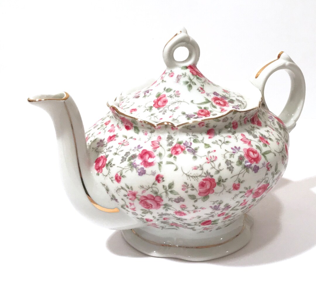 Lefton Porcelain Musical Teapot, Chintz Floral Pink Roses Purple ...