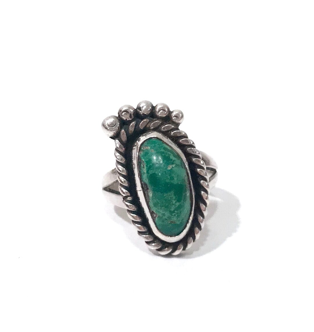 Navajo Sterling Silver Ring, Oval Green Turquoise Stone Rope Twisted ...