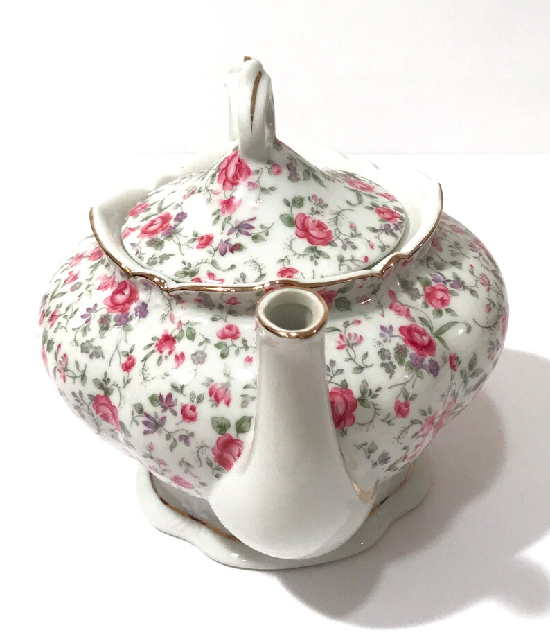 Lefton Porcelain Musical Teapot Chintz Floral Pink Roses - Etsy