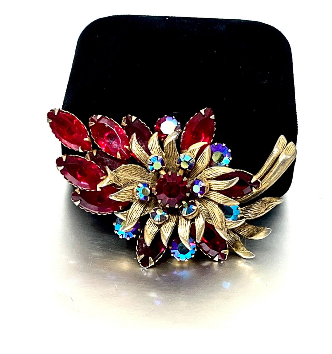 Signed Selini Rhinestone Floral Brooch, Ruby Glass Navettes and Siam ...