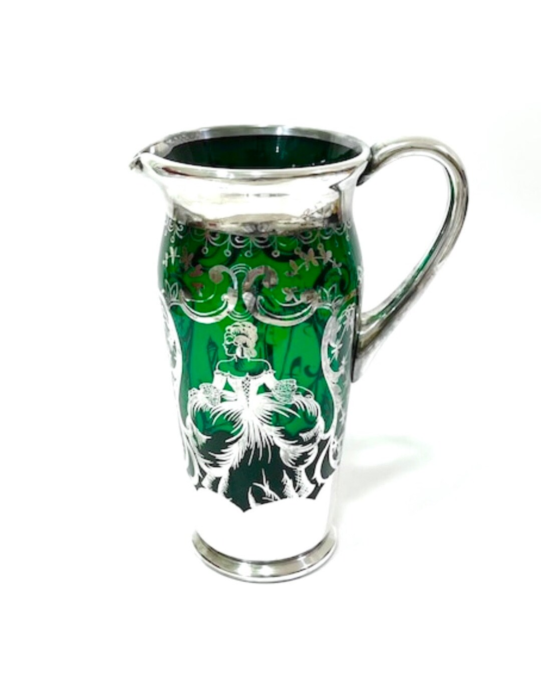 Green Venetian Glass Pitcher, Fancy Silver Overlay Baroque Costumed Man ...