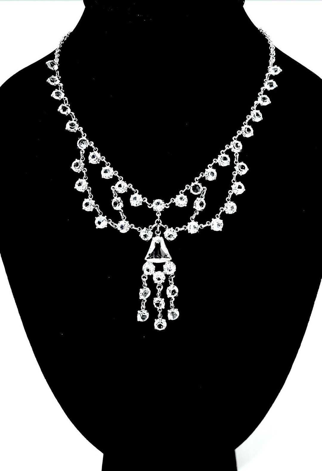 Art Deco Crystal Necklace, Tiered Swags Fringed Pendant Clear Open Back ...