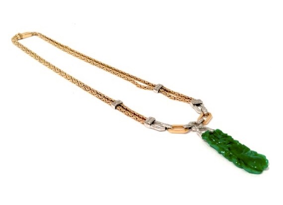 Carved Jade Diamond Necklace 18k Yellow Gold Double B… Gem