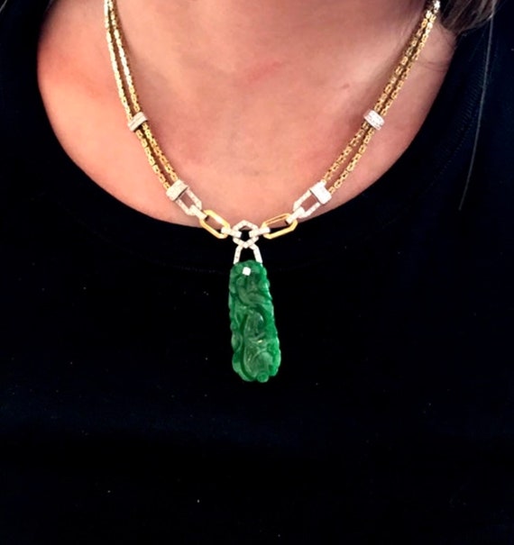 Carved Jade Diamond Necklace 18k Yellow Gold Double B… Gem