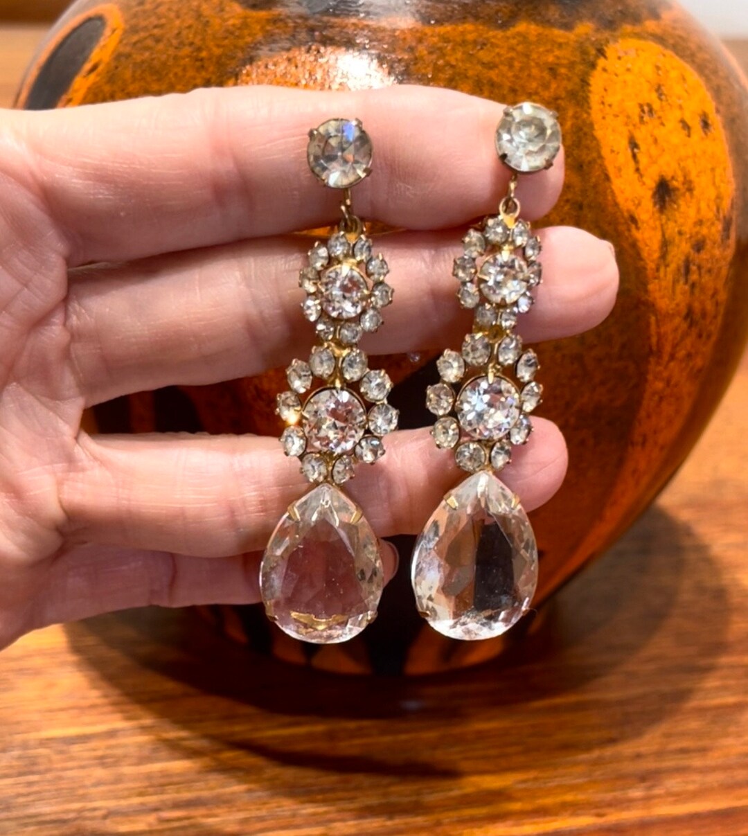 Denicola Earrings Clear Crystal Long Dangle Rhinestone Statement ...