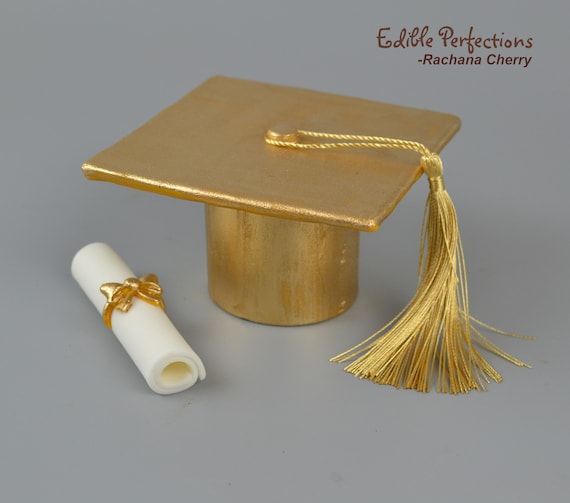 Fondant Gold Graduation Cap and Diploma Cake Topper With Silk | Etsy
