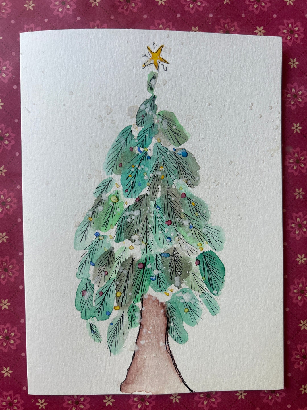 Hand Painted Christmas Card, Watercolor Christmas Tree Card, One of a ...