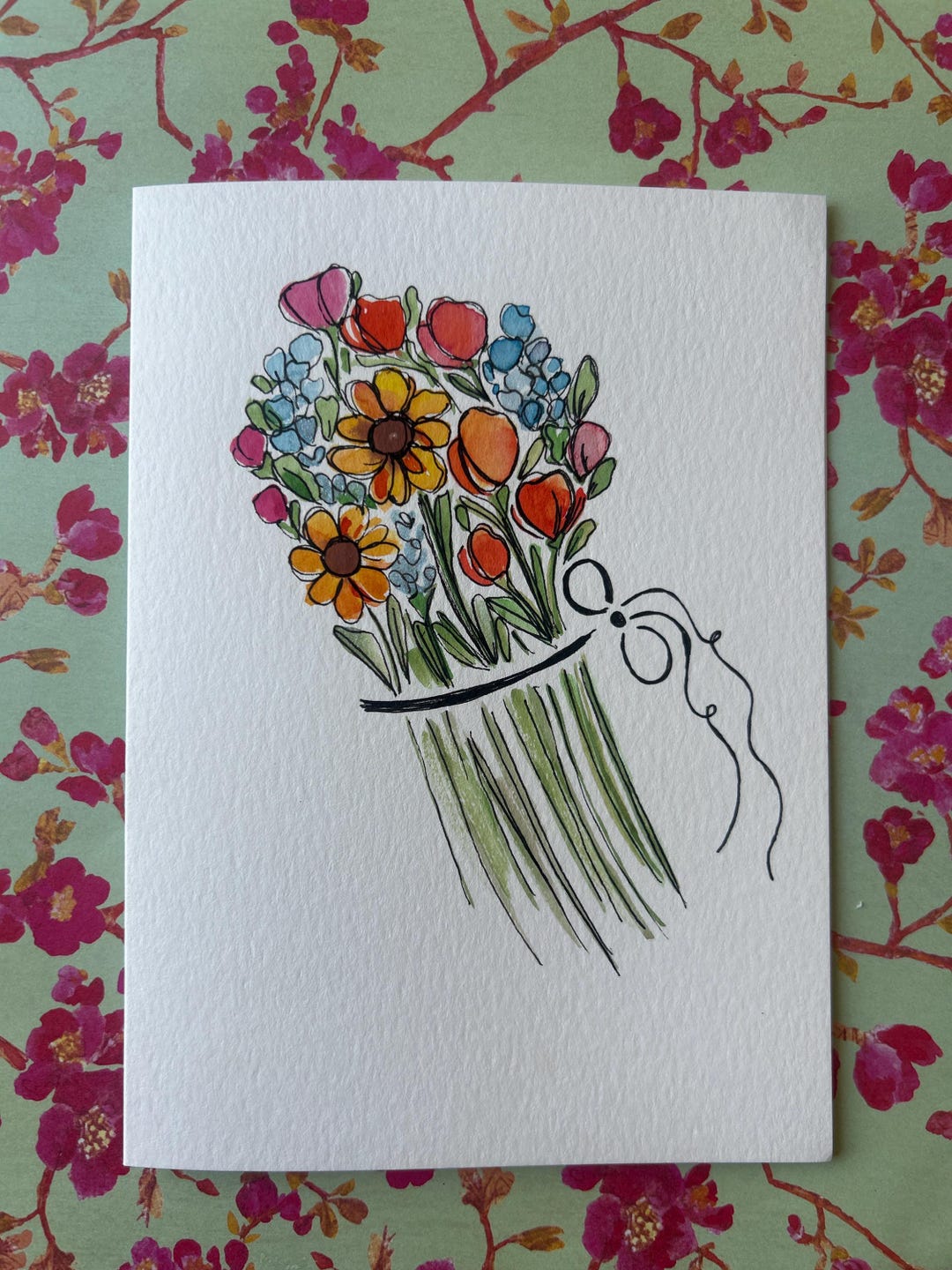Bouquet of Flowers Card, Watercolor Flower Card, Homemade Greeting ...
