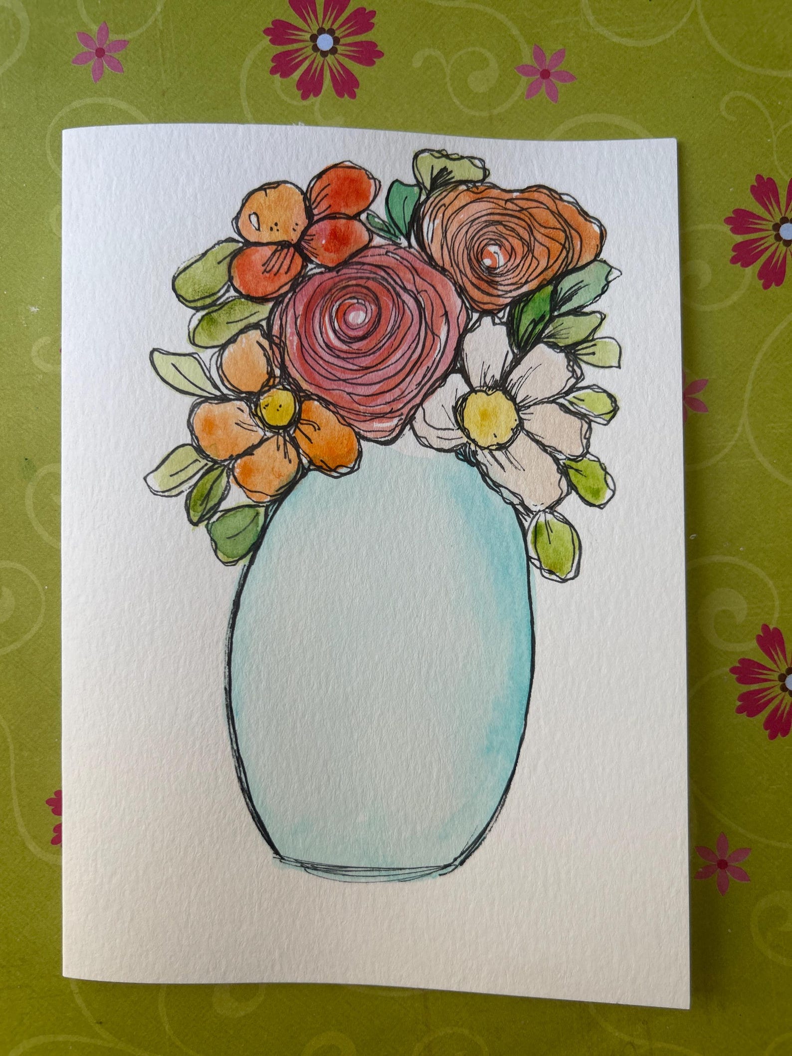Hand-painted Floral Greeting Card, Watercolor Flower Vase - Etsy